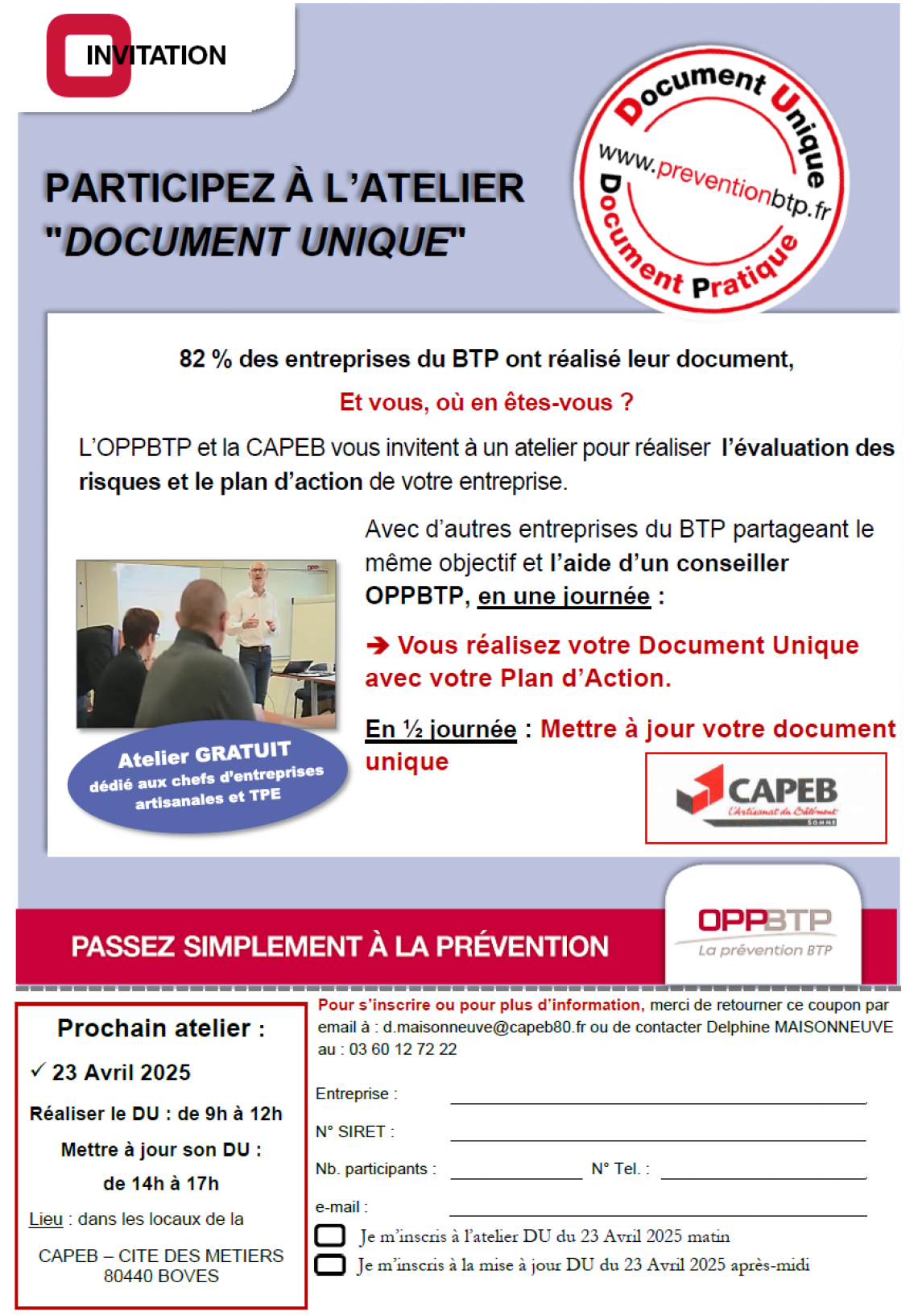 PARTICIPEZ À L’ATELIER "DOCUMENT UNIQUE" LE 23/04/2025 ・ CAPEB